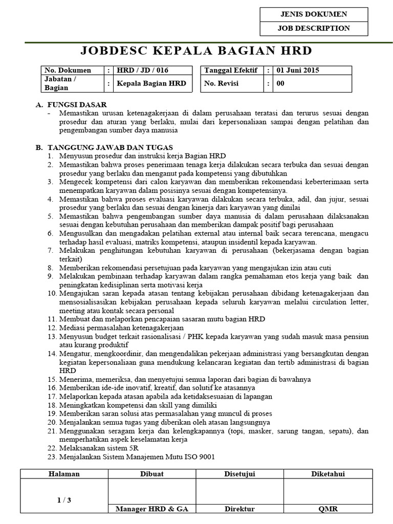 Job Description Kepala HRD | PDF | Karier & Perkembangan