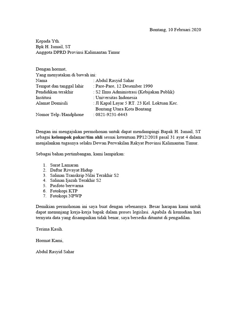 Surat Lamaran TA DPR | PDF