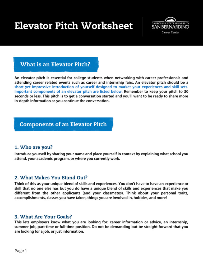 Elevator Pitch Worksheet | PDF | Internship | Job Hunting