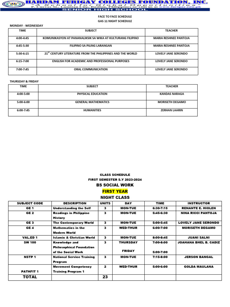 Night Class Sched | PDF | Learning