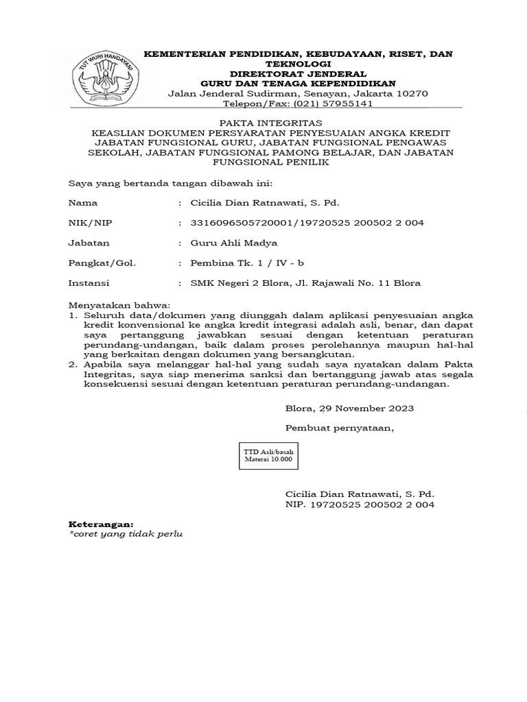 Pakta Integritas IVb-IVe Pengajuan PAK Integritas - NYIPTA | PDF