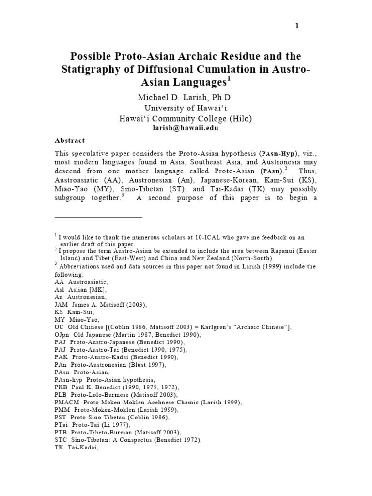 Possible Proto Asian Archaic Residue and The Statigraphy of Diffusional ...