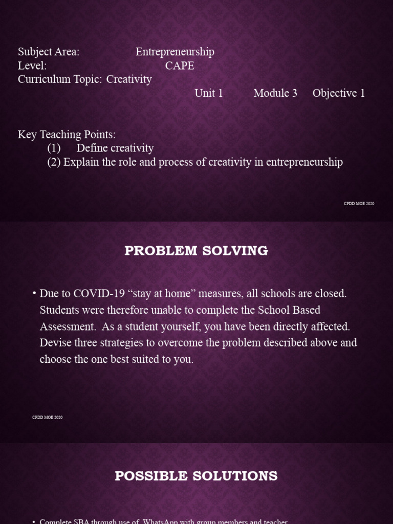 CAPE Entrepreneurship U1 M3 Obj 1 Creativity | PDF | Creativity ...