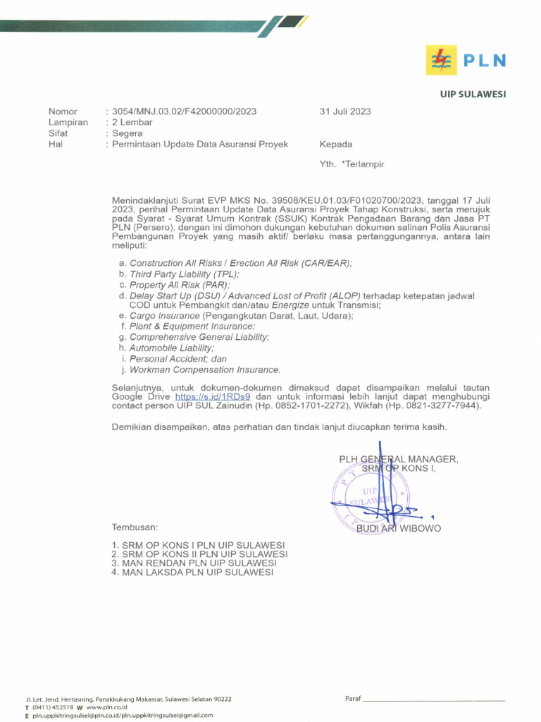 3054 MNJ 03 - Permintaan Update Data Asuransi Proyek - UIP SUL | PDF