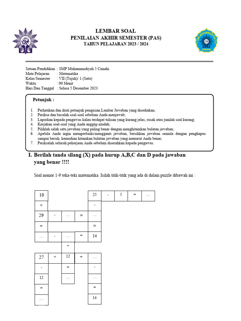 Soal Uas Kelas Vii Template | PDF