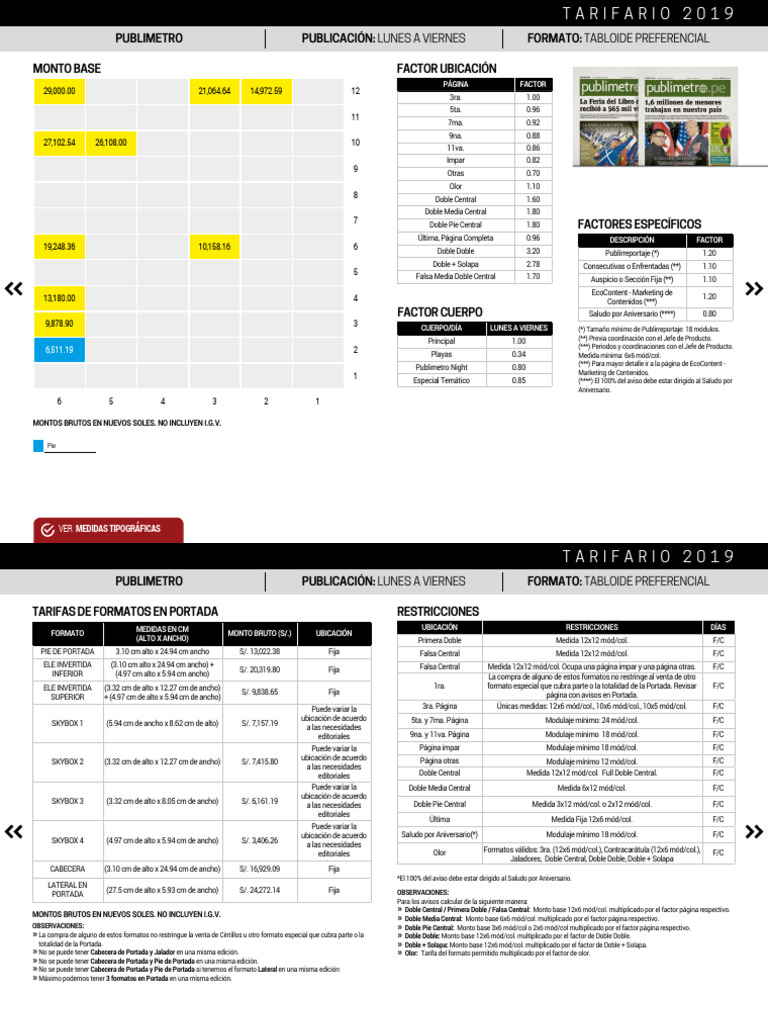 Tarifario Publimetro | PDF
