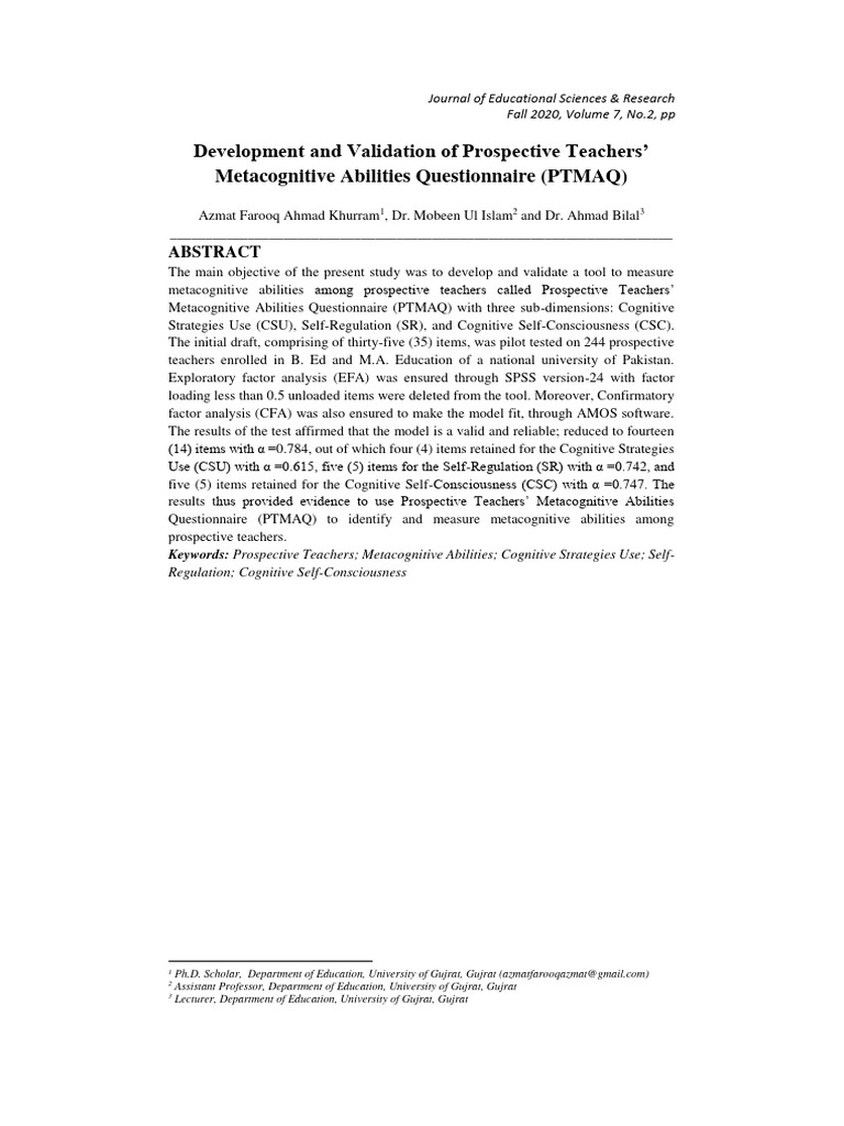 Developmentand Validationof Prospective Teachers Metacognitive Abilities Questionnaire PTMAQ ...