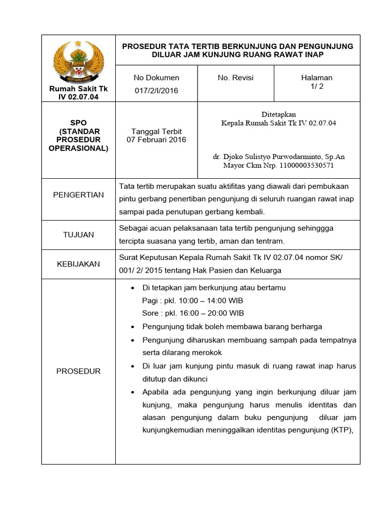 Sop Tata Tertib Pengunjung Di Ranap | PDF
