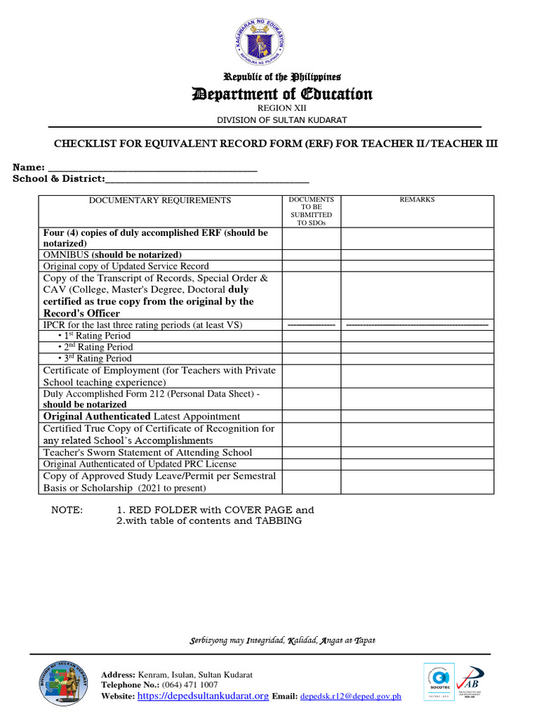 Teacher 3 Promotion Checklist ERF | PDF