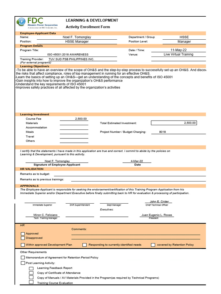 Learning & Development Activity Enrollment Form: Employee-Applicant ...
