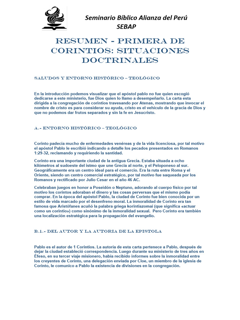 Resumen - Primera de Corintios - Situaciones Doctrinales - Paul Bohorquez | PDF | Pablo el ...