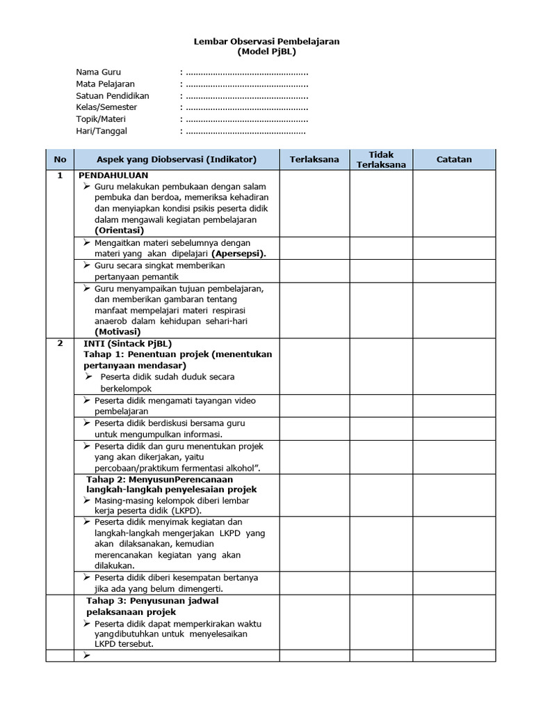 Lembar Observasi Pembelajaran PJBL | PDF