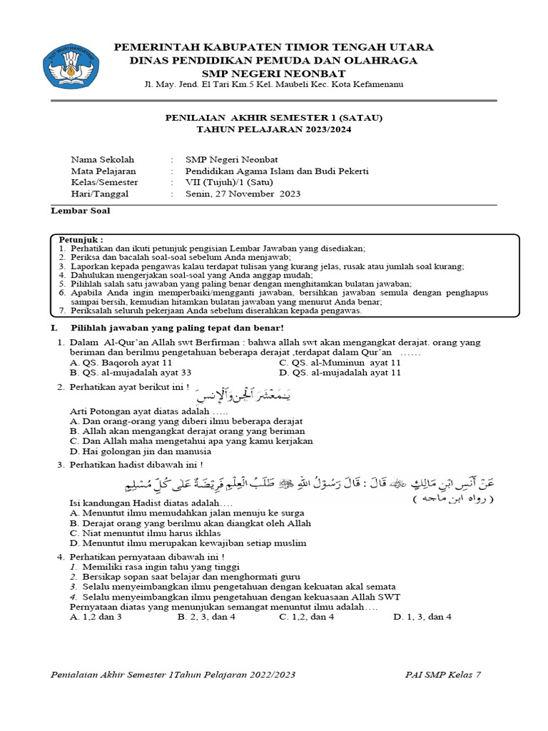 Soal Pas Pai Dan BP Kelas 7 k13 | PDF