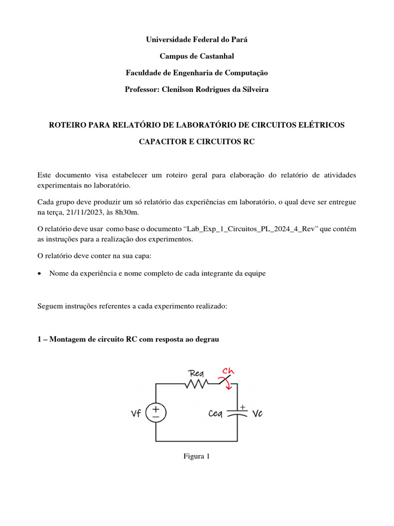 Roteiro Relatorio Lab Exp 1 Circuitos PL 2024 4 | PDF | Rede elétrica | Capacitor