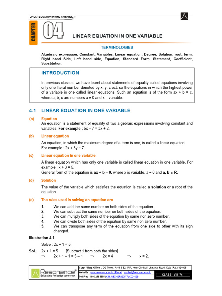4 - Linear Eqn in One Variable Theory FJZCLVR | PDF | Equations | Variable (Mathematics)