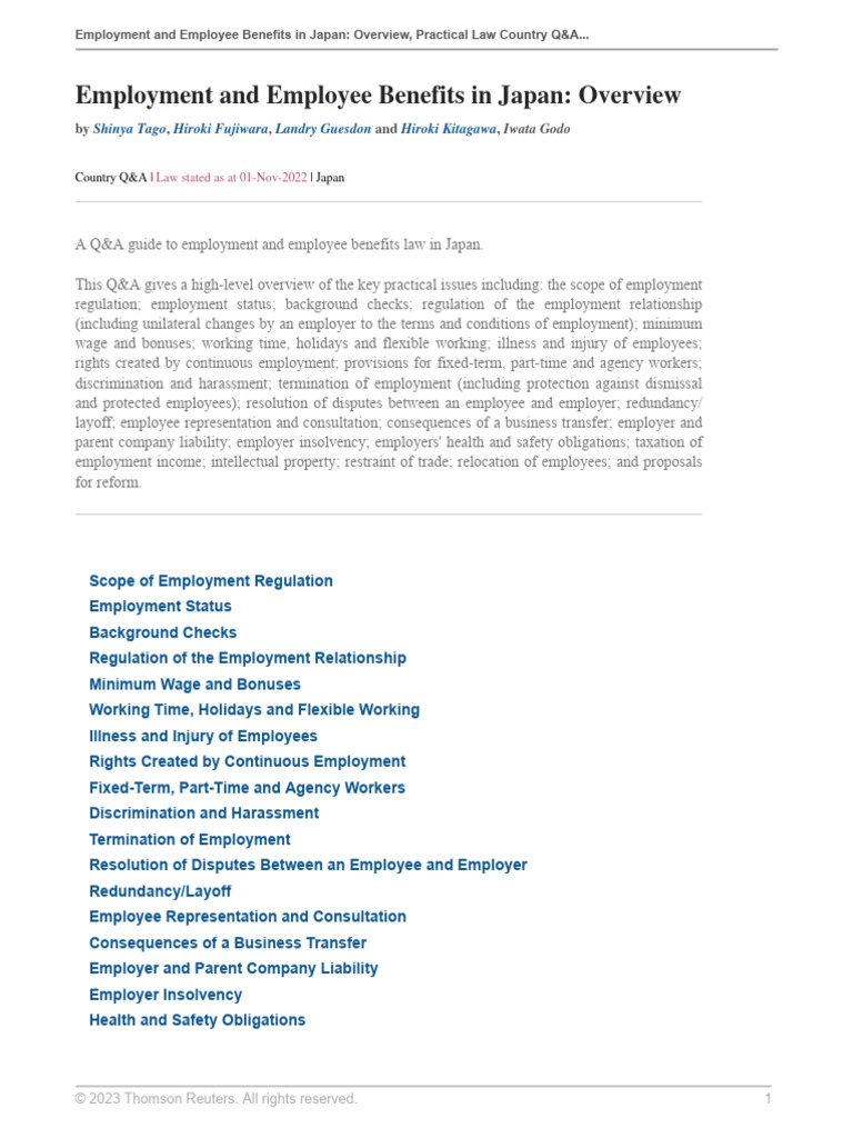 Employment and Employee Benefits in Japan Overview | PDF | Employment ...