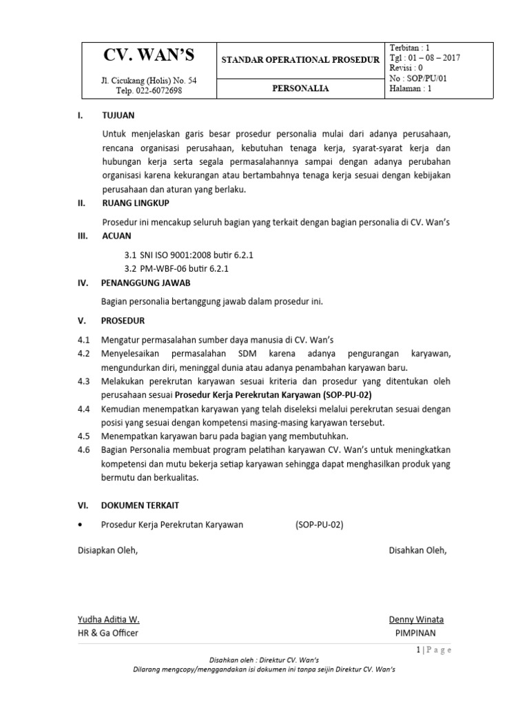 SOP-PU - 01-Rev1 - PROSEDUR KERJA PERSONALIA | PDF