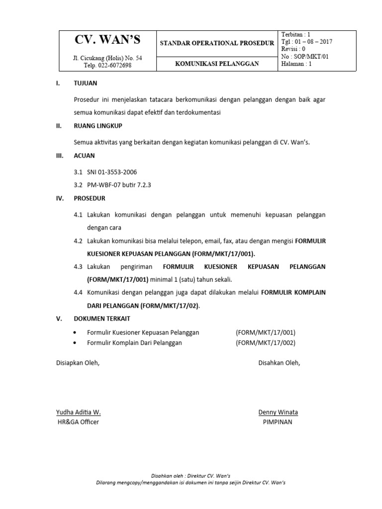 SOP-MKT-01-Rev1 - PROSEDUR KOMUNIKASI PELANGGAN | PDF | Pengelolaan Keuangan & Uang