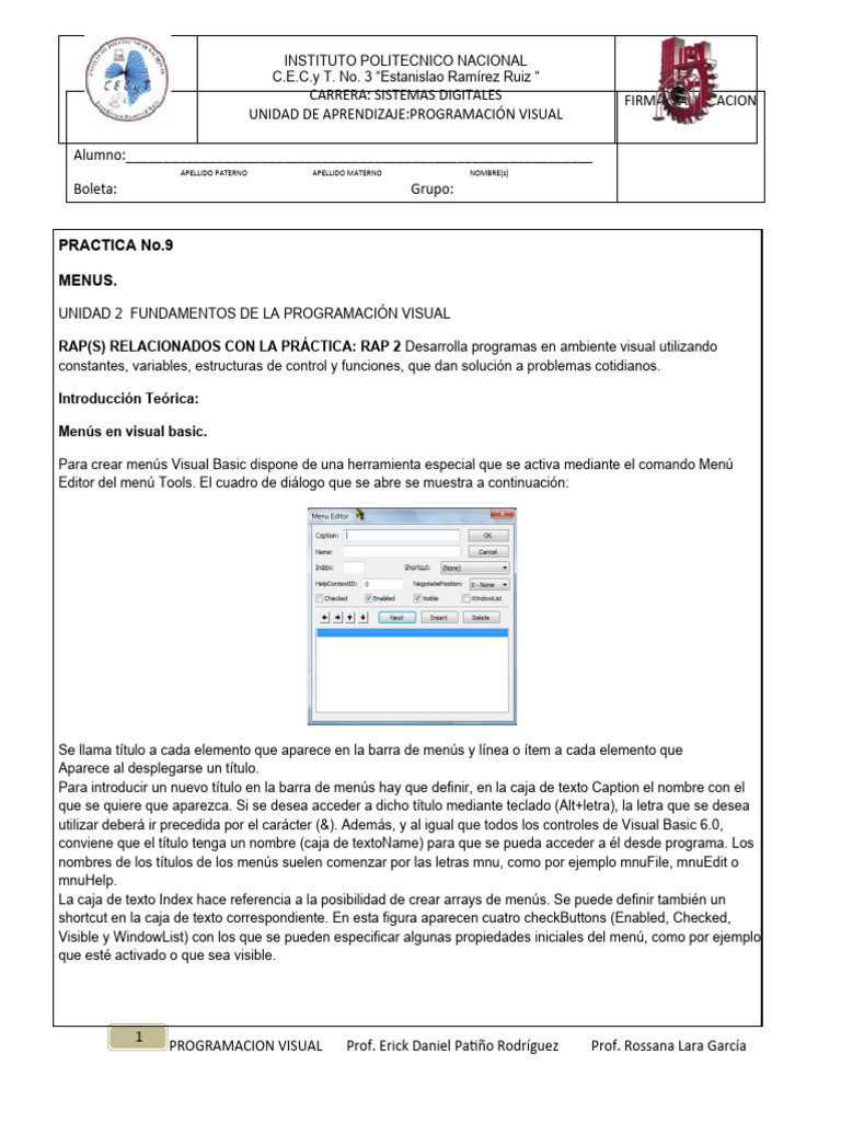 PRACTICA9 VB6 - VS Hoja de Respuestas | PDF | Básico | Menú (Computación)