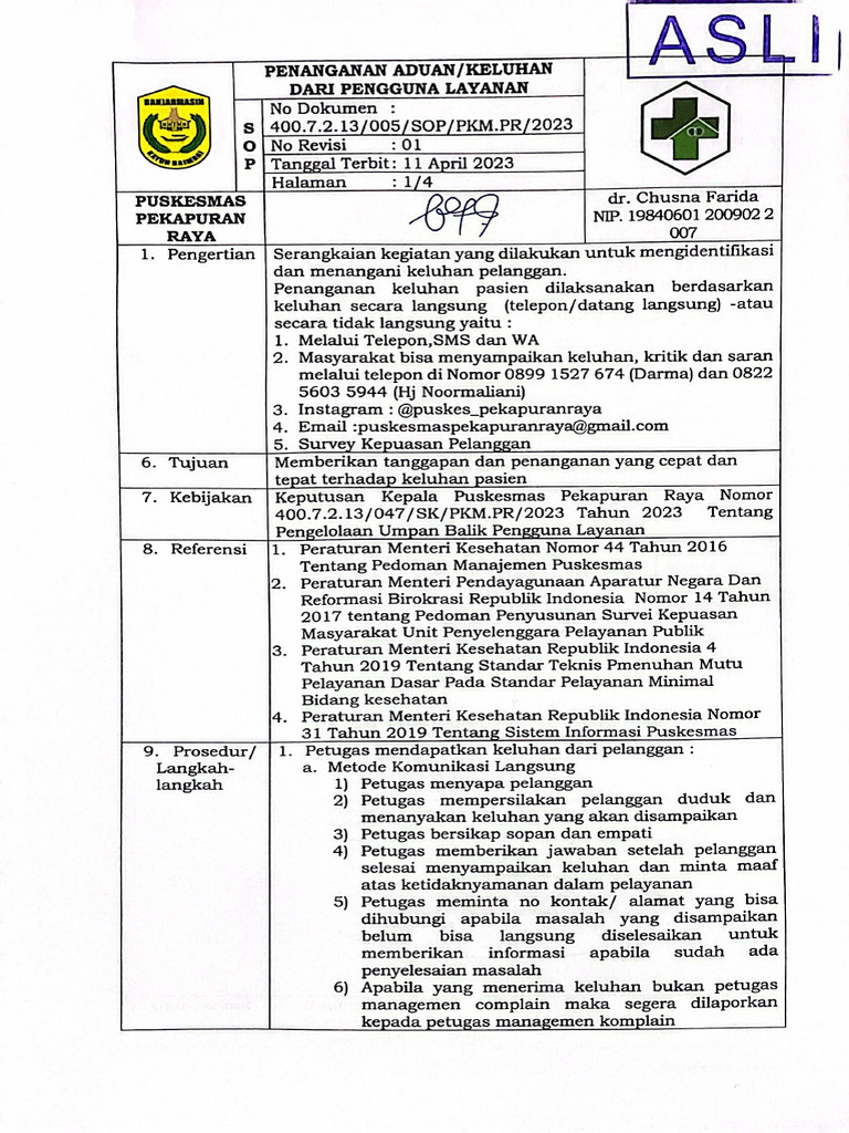 Sop Penanganan Aduan Keluhan Dari Pengguna Layanan | PDF