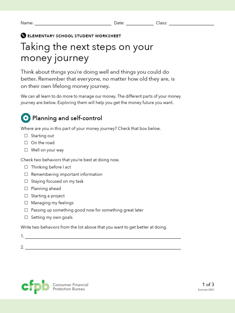 CFPB Building Block Activities Elementary-School-Assessment-Student-Worksheet | PDF | Money ...