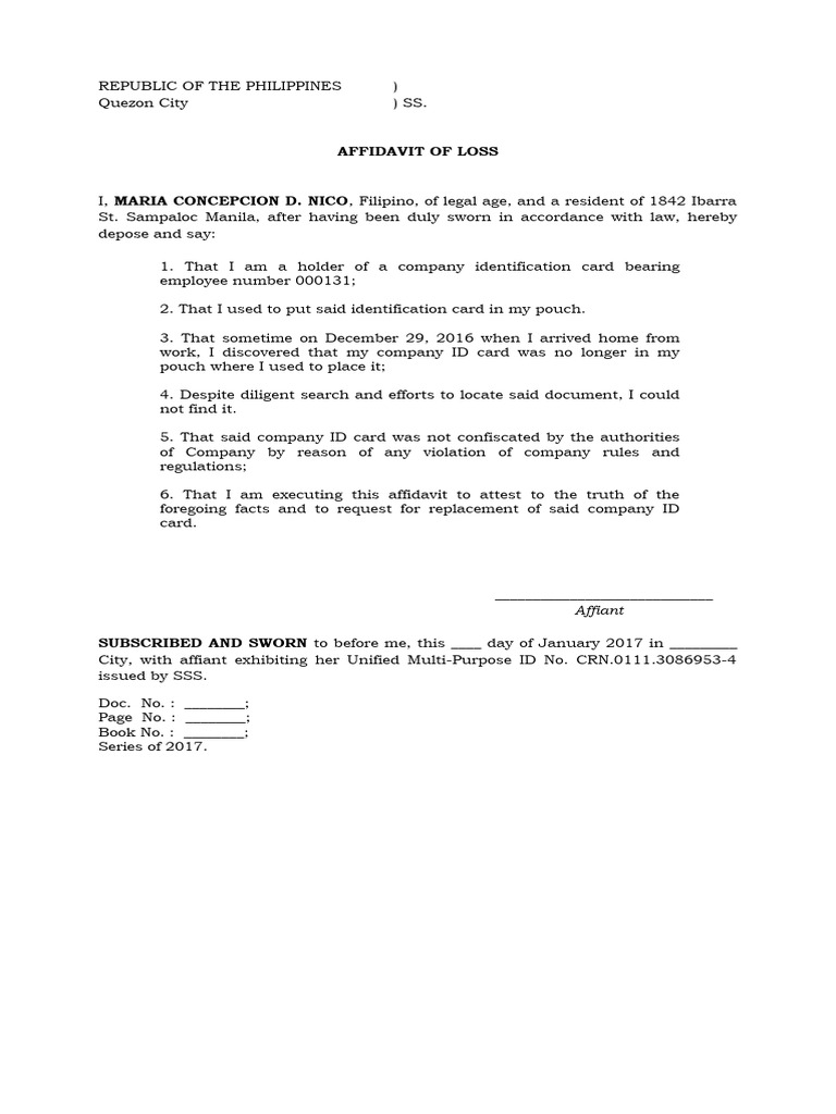 Affidavit of Loss Company ID | PDF