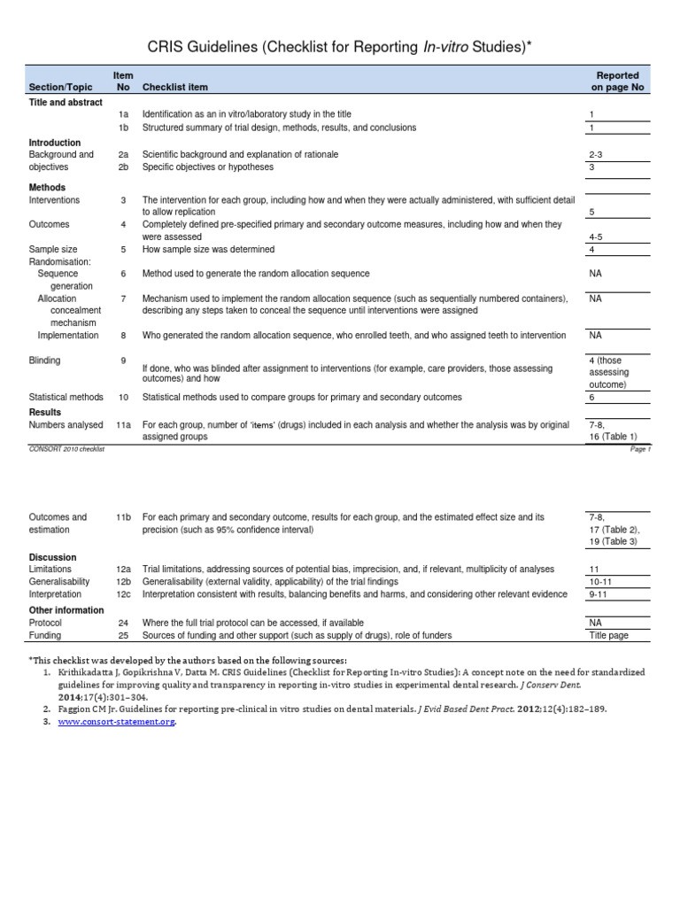 Crischecklistfor Reporting Invitro Studies Pdf Sampling Statistics
