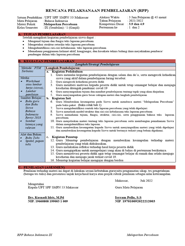 RPP Bab 1 B. Indo KLS 9 (Fix) | PDF