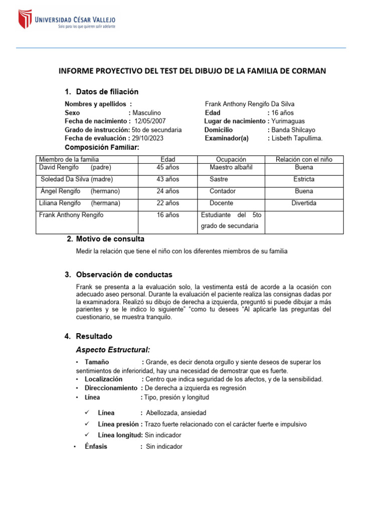 Formato de Informe Del Test de La Familia Frank | Descargar gratis PDF ...