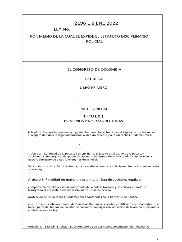 Ley 2196 Del 18 de Enero de 2022 | PDF | Disciplinas | Policía