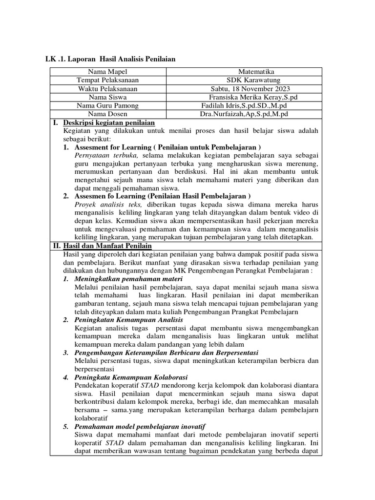 LK 1 Laporan Hasil Analisis Penilaian - Fransiska Merika Keray - PGSD - Kelas 16 | PDF | Karier ...