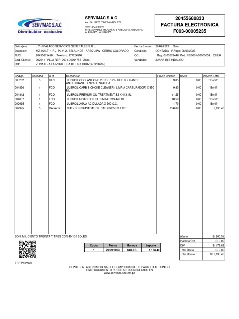 Factura Electronica F003-00005235: Servimac S.A.C | PDF | Tecnología bancaria | Pagos