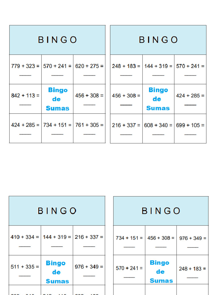 Bingo Sumas de Centenas | PDF