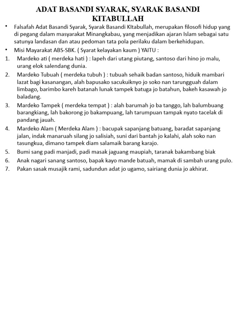 Adat Basandi Syarak, Syarak Basandi Kitabullah | PDF