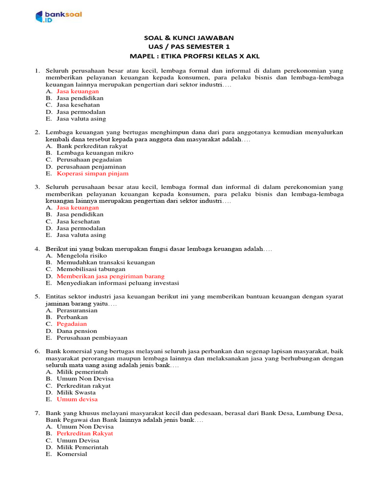 Soal & Kunci Pas Etika Profesi Kelas 10 Akl Semester 1 2021 | PDF
