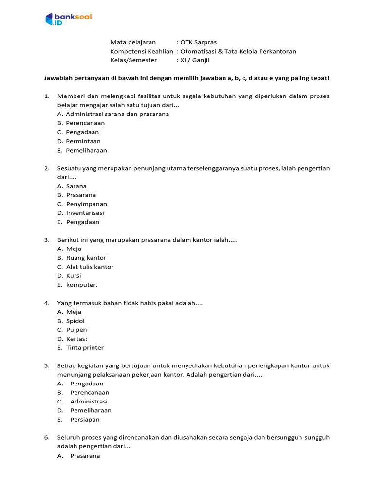 SOAL & JAWABAN OTK SARPRAS KELAS 11 SEMESTER 1 2021 - Bank-Soal - Id | PDF SOAL & JAWABAN OTK SARPRAS KELAS 11 SEMESTER 1 2021 - Bank-Soal - Id | PDF
