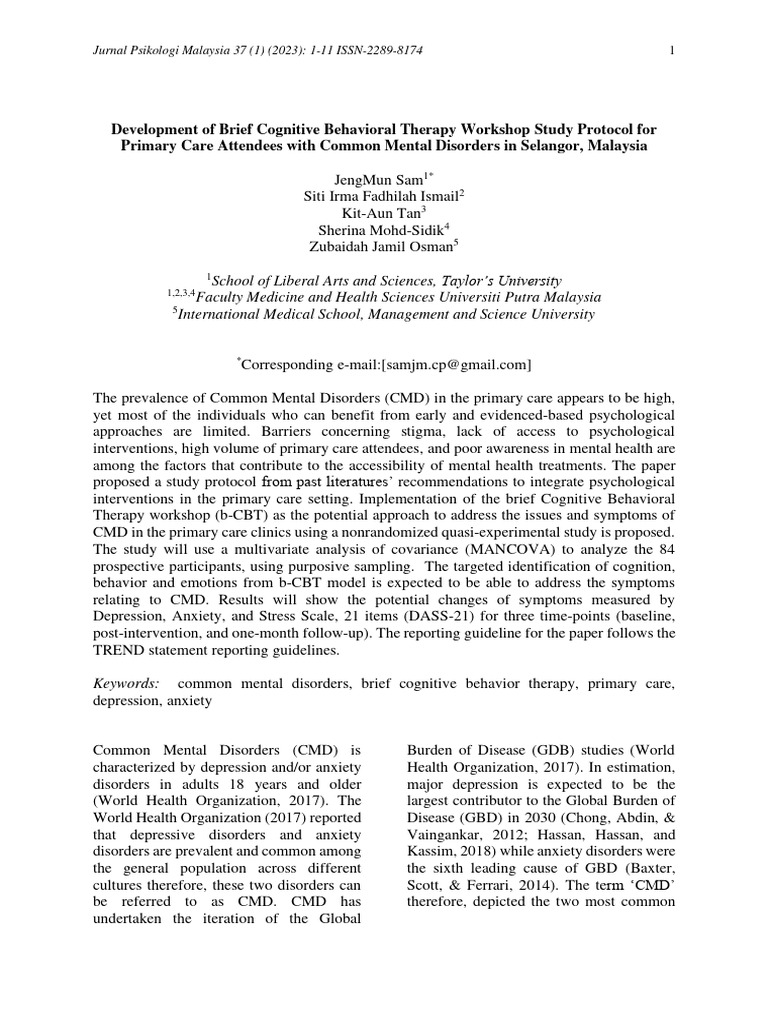 JengMun - 2023 - Development of Brief Cognitive Behavioral Therapy Workshop Protocol Malaysia ...