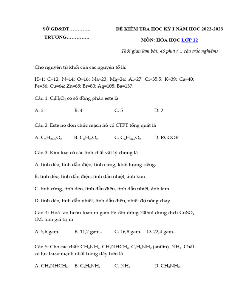 De Thi Học Ki 1 Hoa 12 de 1 | PDF