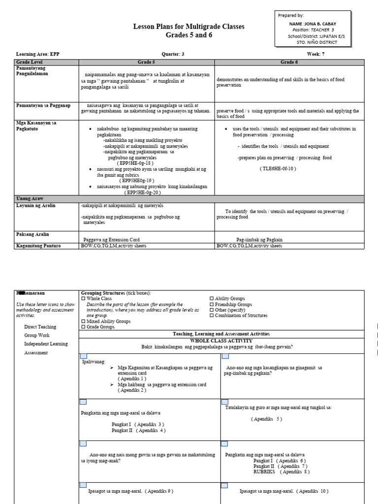 Lesson Plans For Multigrade Classes Grades 5 and 6 | PDF