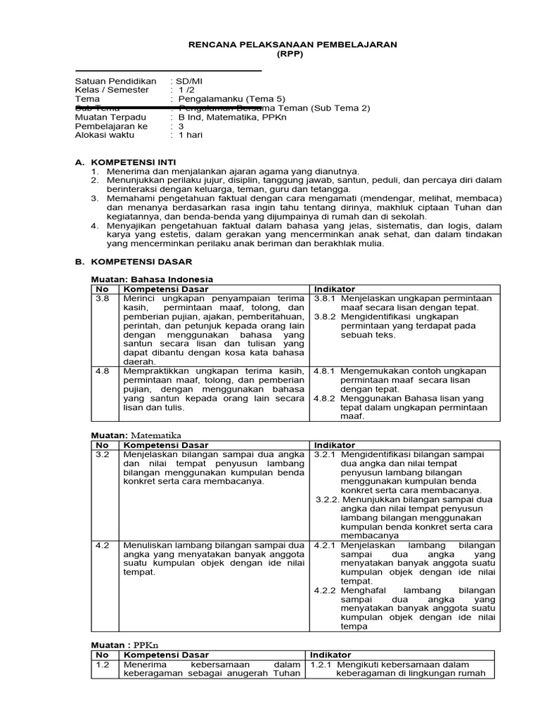 RPP Klas 1 Tema 5 Subtema 2 PB 3. Pengalaman Bersama Teman | PDF | Karier & Perkembangan