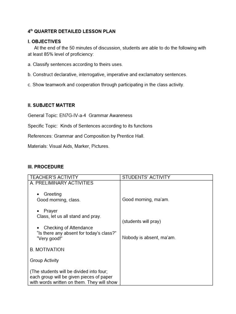 4th Quarter Detailed Lesson Plan: Sentences | PDF | Question | Sentence ...
