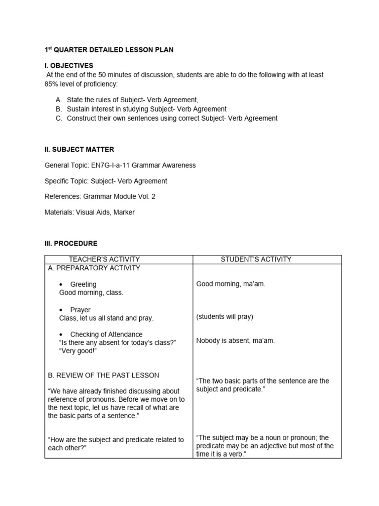 1ST Quarter Detailed Lesson - Plan | PDF | Subject (Grammar ...