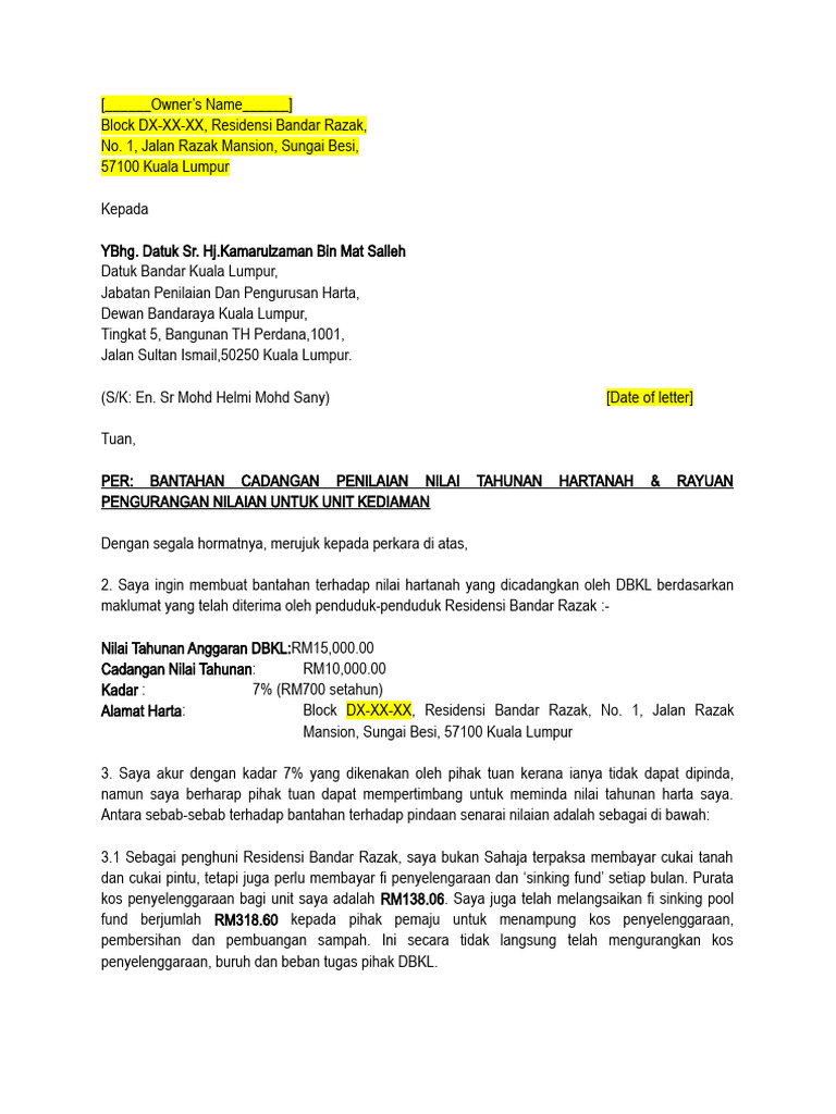 2 Without Notice - DBKL - Surat Bantahan Penilaian Harta | PDF