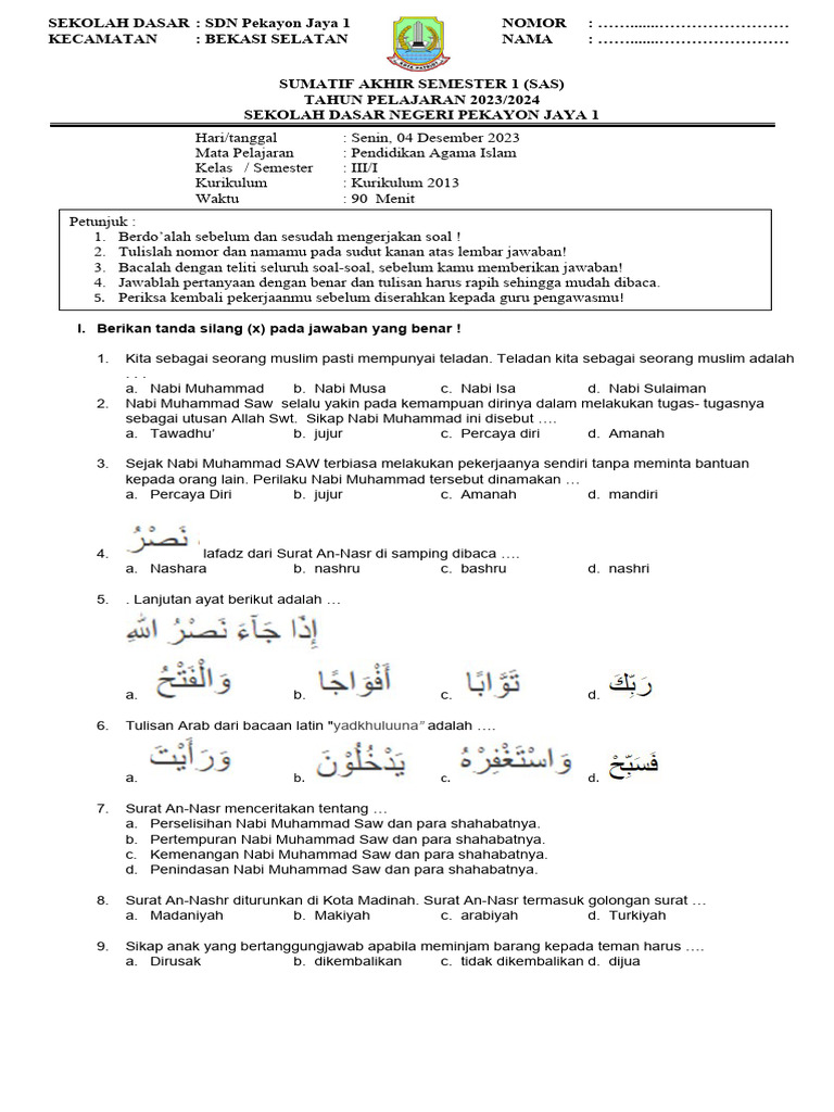 Contoh Soal SAS TEMA 1 Sub 1 | PDF