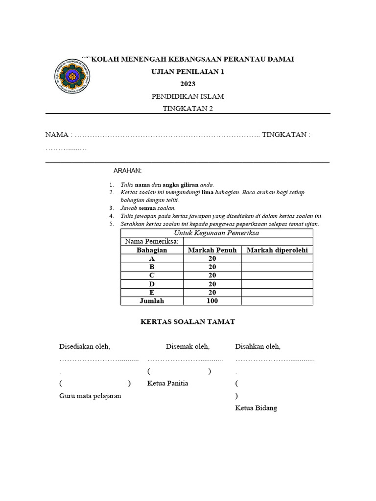 Format Muka Depan Kertas Soalan | PDF