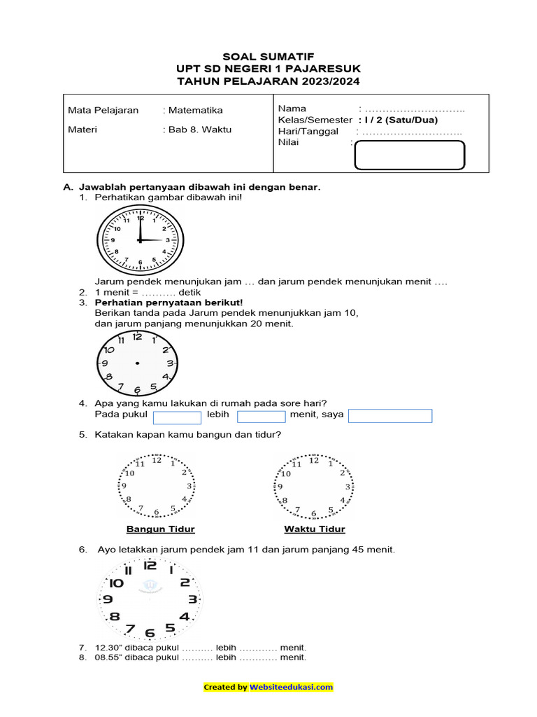 Soal Sumatif MTK Kelas 1 - Bab 8 Waktu | PDF | Griya & Taman