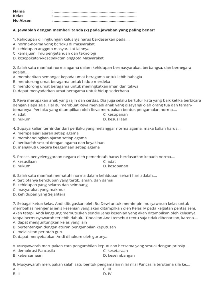 SOAL PKN Kelas 4 NORMA | PDF