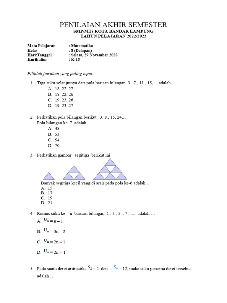 Soal Pas MTK - 8 Ganjil 2022-2023 | PDF