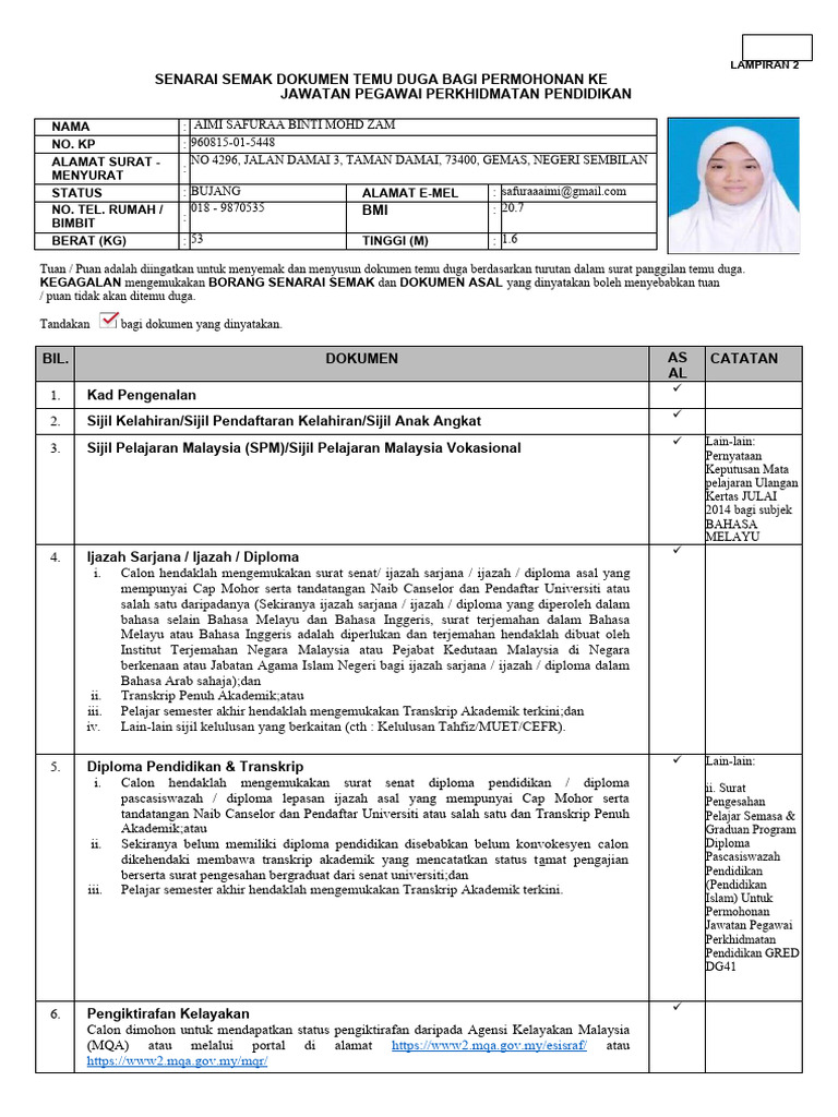Senarai Semak Dokumen Temu Duga | PDF