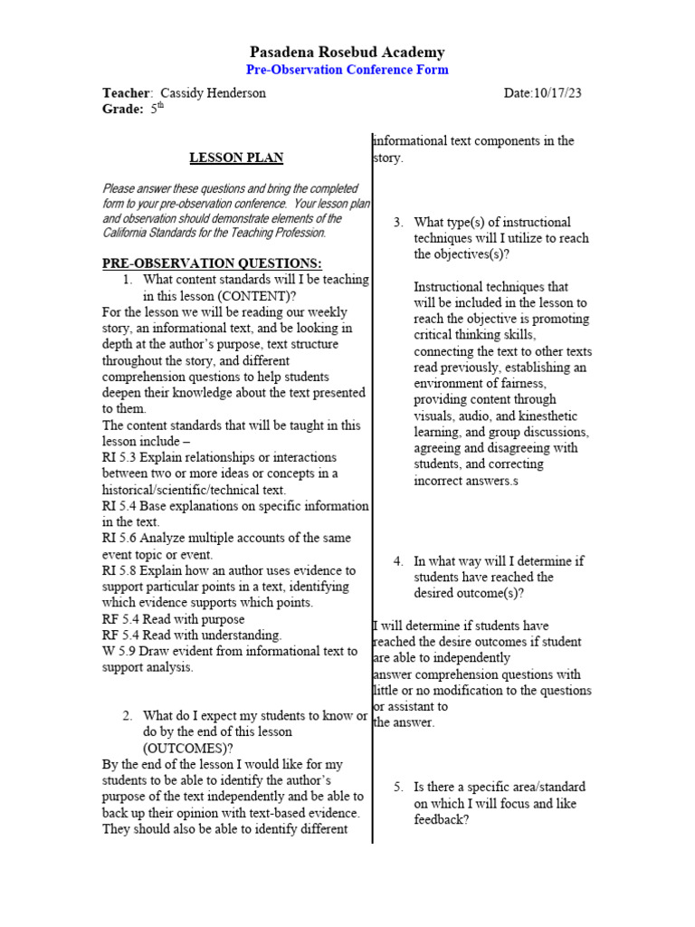 Pre Observation Conference Copy 2 | PDF | Learning | Reading Comprehension